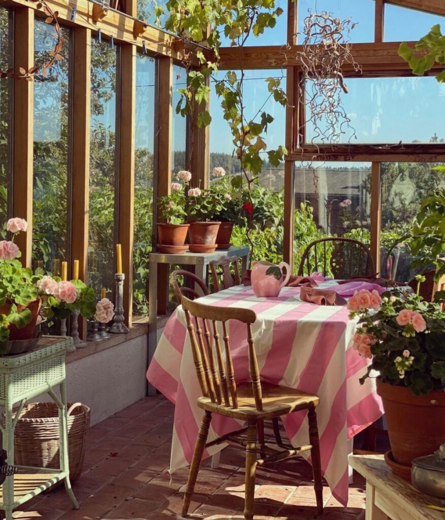 Pink and white striped tablecloth